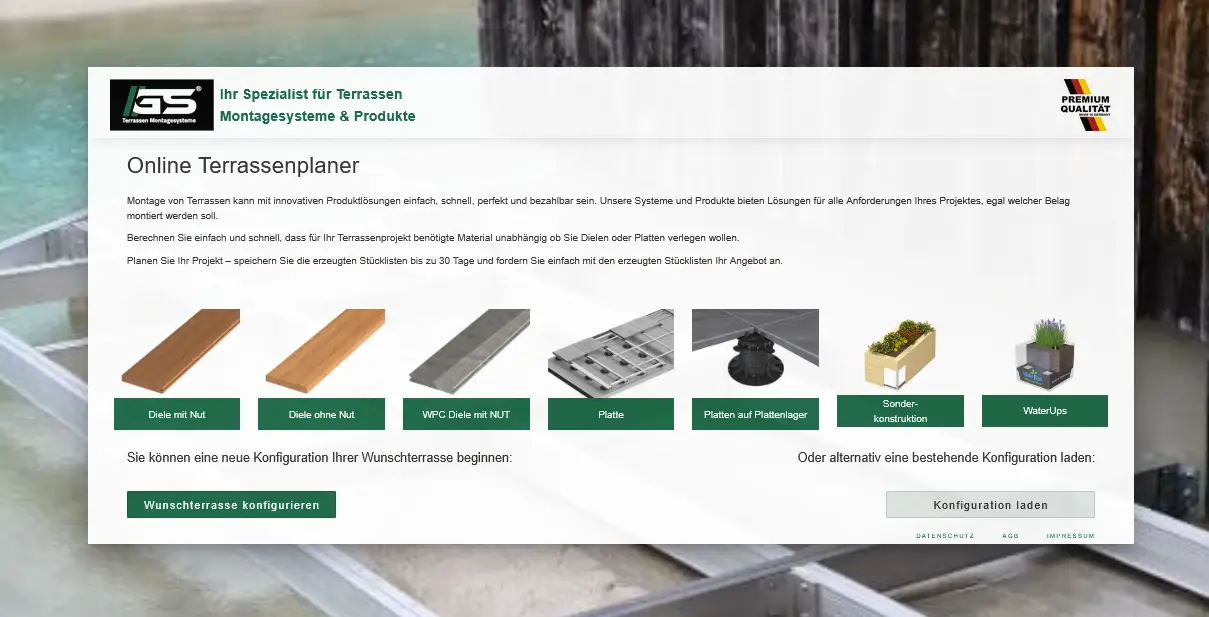 GS Terrassen Montagesysteme Terrassenkonfigurator